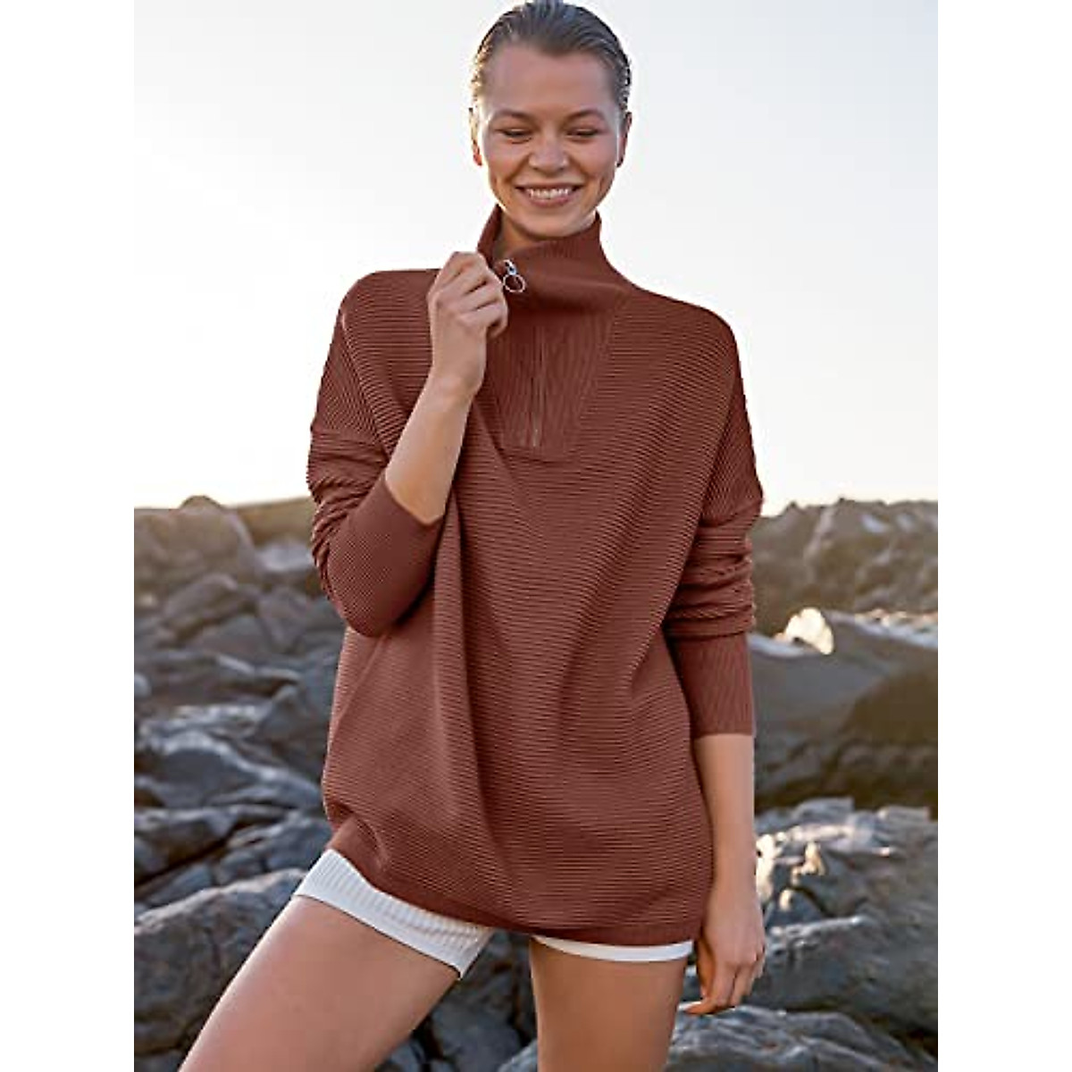 ANRABESS Oversized Sweater for Women Quarter Zip Pullover Casual Long Sleeve Half Zip Collared Lapel V Neck Baggy Slouchy Knitted Tunic Jumper Clothes 2023 Fall 802xiuhong-M Rust