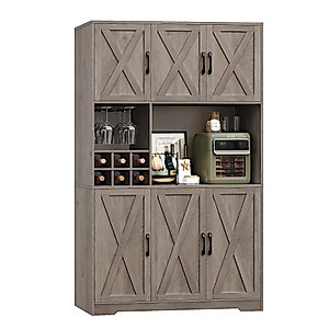 HOSTACK Kitchen Pantry Storage Cabinet, 71" Tall Food Pantry Cabinet with Microwave Stand, Farmhouse Kitchen Hutch Cabinet, Coffee Bar Hutch with Wine Rack for Dining Room, Living Room, Ash Grey