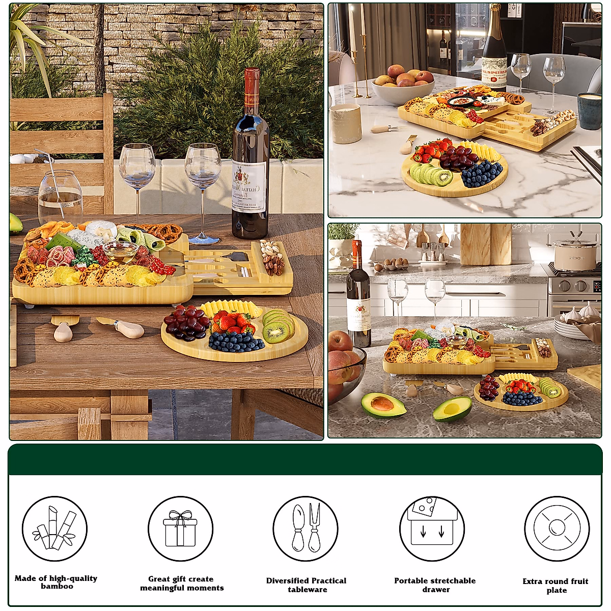 C&AHOME Cheese Board Set, Cheese Board Set and Knife Set, Bamboo Cheese Tray Platter, Cheese Platter Unique House Warming Gifts, Ideal for Birthday, Housewarming, Wedding Gifts, Natural UCBSBKFN