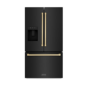 ZLINE Autograph Edition 36 in. 28.9 cu. ft. Standard-Depth French Door External Water Dispenser Refrigerator with Dual Ice Maker in Black Stainless Steel and Champagne Bronze Traditional Handles