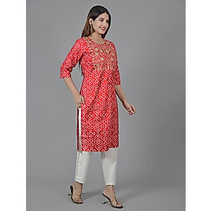 Vrnda Women's Cotton Straight Bandhej Printed kurta With Yoke Embroidery Red Kurti with White Pant and printed Dupatta Set (L)