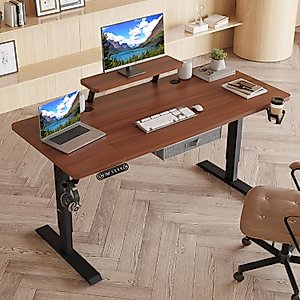 Jceet 63x30 Inches Electric Standing Desk with Drawer, Adjustable Height Sit Stand Up Desk with Storage Shelf, Home Office Desk Computer Workstation with Dark Walnut Top/Black Frame