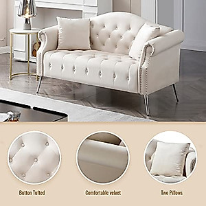 Homtique Velvet Loveseat Sofa for Living Room, Mid Century Modern Sofa Upholstered Button Tufted Rolled Arms and Metal Legs, 59.4" Small Sofa Couches for Small Spaces with 2 Pillows for Bedroom(Beige)