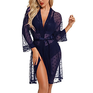 RSLOVE Sexy Lingerie Robe Set for Women 3 Piece Lace Kimono with Bra and Panty Sheer Sleepwear Navy Blue XXL