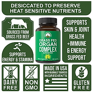 Peak Performance Grass Fed Beef Organ Complex from New Zealand (180 Capsules) Desiccated Organs Superfood Pills. GrassFed Beef Liver Capsules with Heart, Kidney, Pancreas, Spleen. Supplement