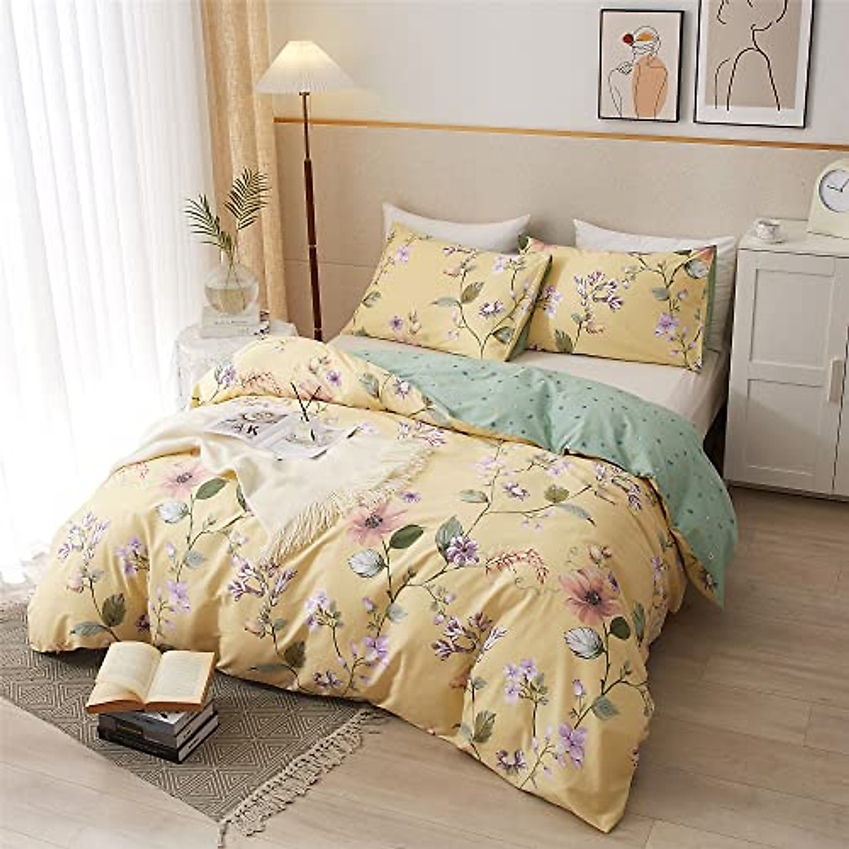 PinkMemory Queen Duvet Cover Yellow Garden Floral 100% Cotton,Reversible Yellow and Green Flower Pattern Bedding Duvet Cover Set Full Queen with Pillowcases Soft Durable Zipper-No Comforter Insert