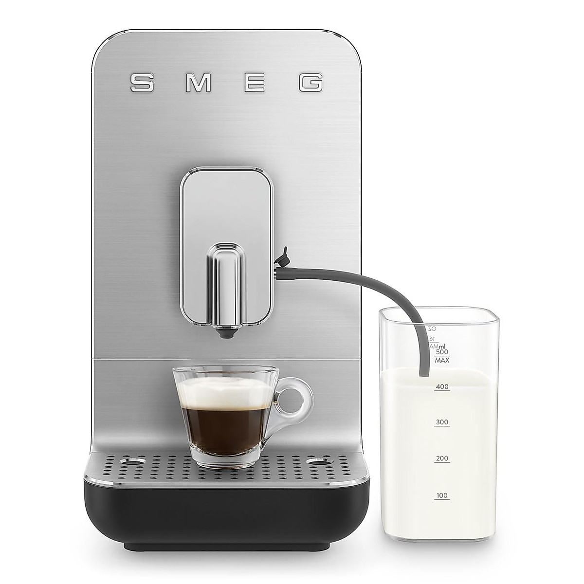 SMEG NEW Fully Automatic Espresso Machine w/Integrated Milk Frothing and Coffee Grinder 10 Preset Beverages 19 Bars of Pressure Space Saving Energy Efficient Thermoblock Heating BCC13BLMUS Matte Black