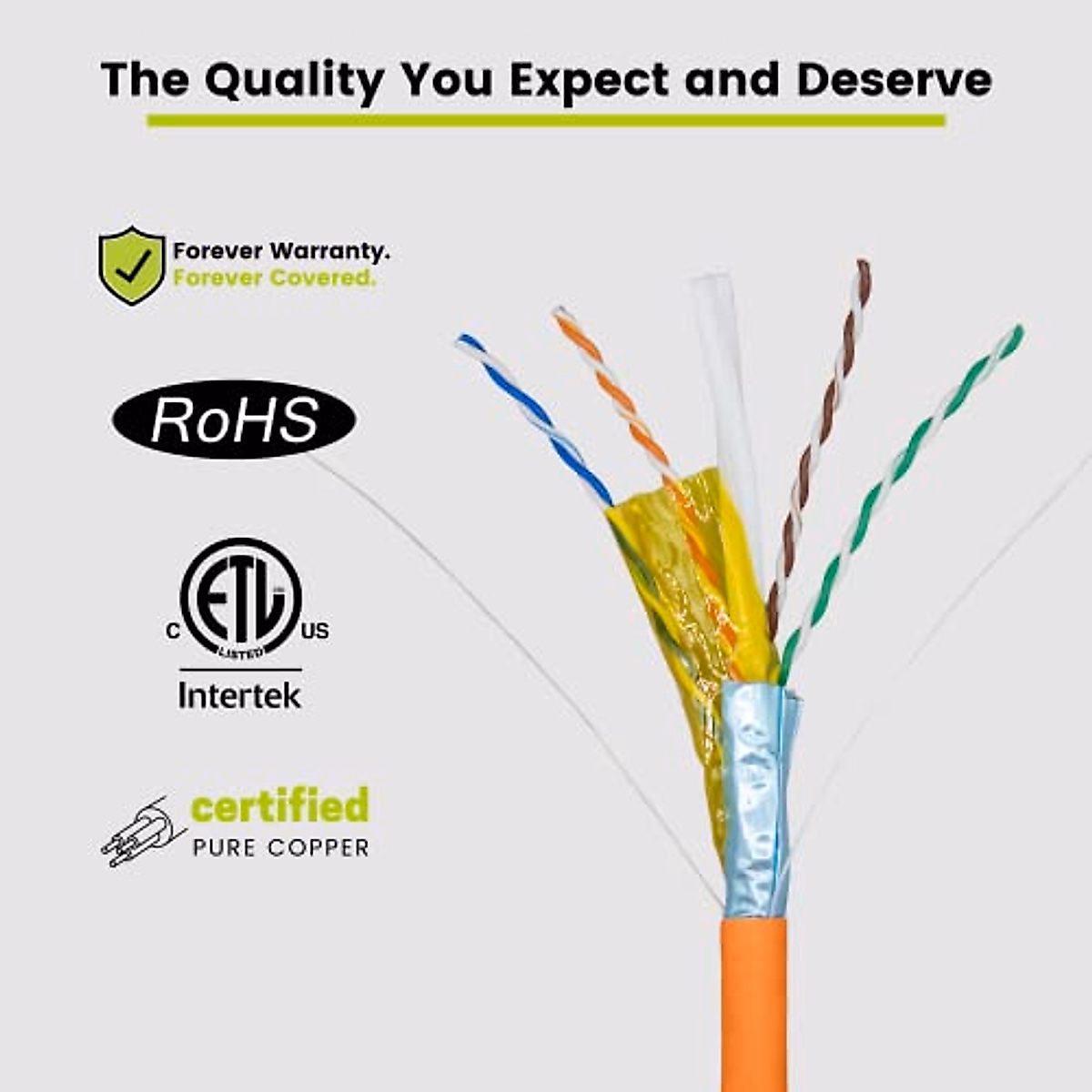 trueCABLE Cat6A Shielded Plenum (CMP), 1000ft, Orange, 23AWG Solid Bare Copper, 750MHz, PoE++ (4PPoE), ETL Listed, Overall Aluminum Foil Shield (F/UTP), Bulk Ethernet Cable