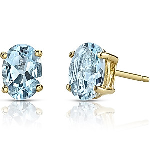 Peora Solid 14K Yellow Gold Aquamarine Earrings for Women, Genuine Gemstone Birthstone Solitaire Studs, Hypoallergenic 7x5mm Oval Shape, 1.25 Carats total, Friction Back
