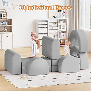 MOOITZ Modular Kids Play Couch, 10pcs Kids Play Couch for Playroom Bedroom, Convertible Modular Toddler Couch, Creative Kids Foam Sofa for Boys and Girls-Grey