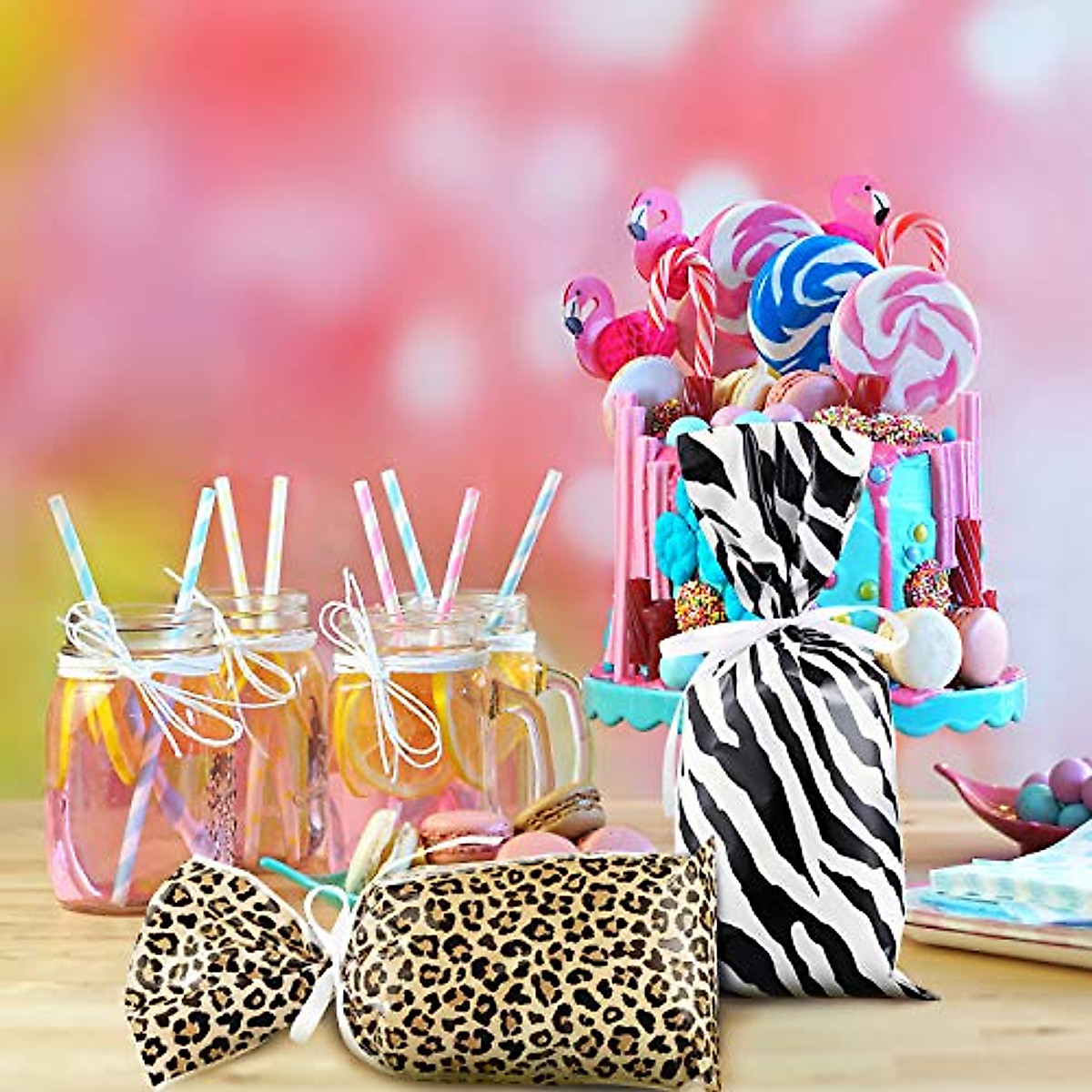 100 Pieces Leopard and Zebra Print Cellophane Bags Animal Print Party Supplies Bags Sealable Treat Bags with a Roll of White Ribbon for Chocolate Candy Snacks Cookies Zoo or Jungle Party