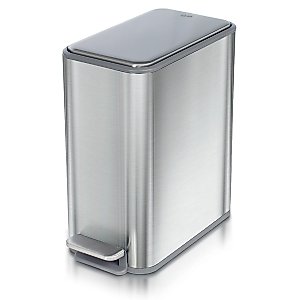 Glad Slim Bathroom Trash Can - Small Garbage Pail with Soft Close Lid & Step Foot Pedal | Narrow Brushed Nickel Waste Basket with Removable Inner Bucket, 2.6 Gallon