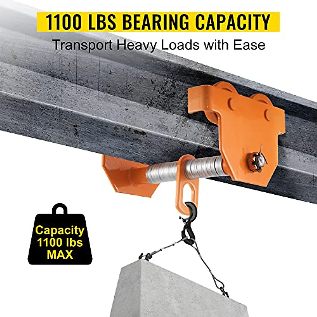 VEVOR 0.5 Ton Manual, 1100 LBS/0.5T Load Capacity Trolley, 2.5-8 inch Adjustable Width Push Beam with Dual Wheels, Orange