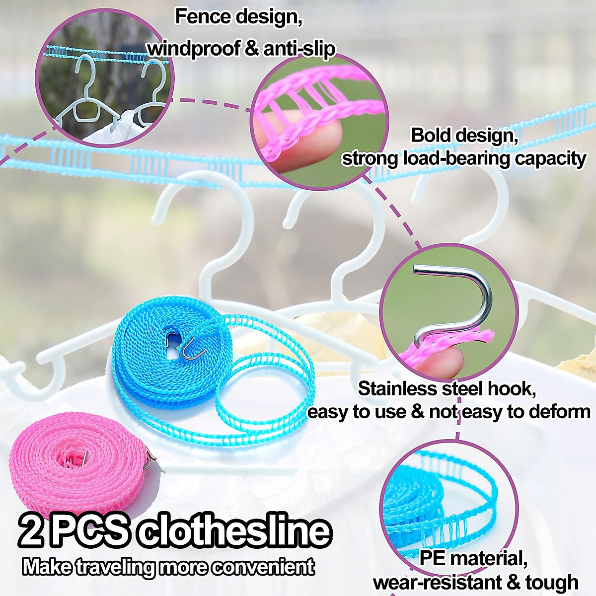 24PCS Travel Hangers,Portable Folding Clothes Hangers,Travel Clothes Hangers with Clotheslines,Travel Accessories Foldable Clothes Drying Rack for Travel,Plastic Foldable Non Slip Clothing Hangers