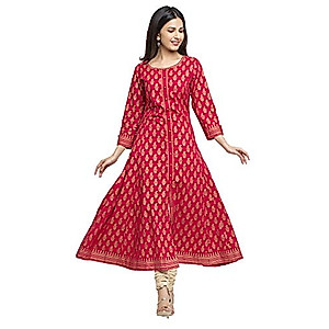 Yash Gallery Plus Size Cotton Gold Printed Anarkali Kurtis for Women (Red)