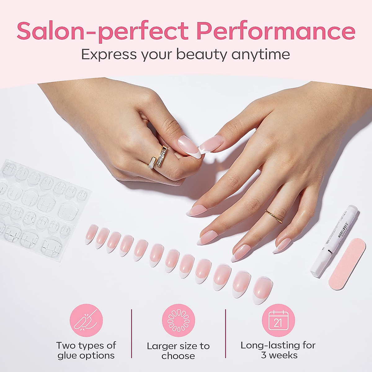 Modelones French Press on Nails, Short Almond Nails, Reusable Nail Kit with Nail Glue Adhesive Tabs Mini Nail File, 24 Fake Nails 12 Sizes, Glue on Nails DIY Home Salon Valentine's Gift for Women Girl