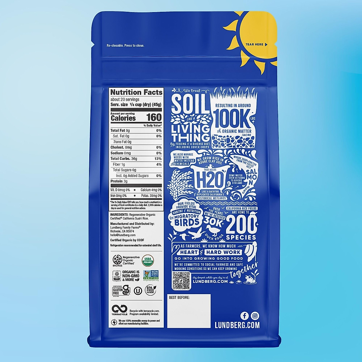 Lundberg Sushi Rice, Sticky White Japanese-Style Short Grains, Regenerative Organic Certified, 32 Oz