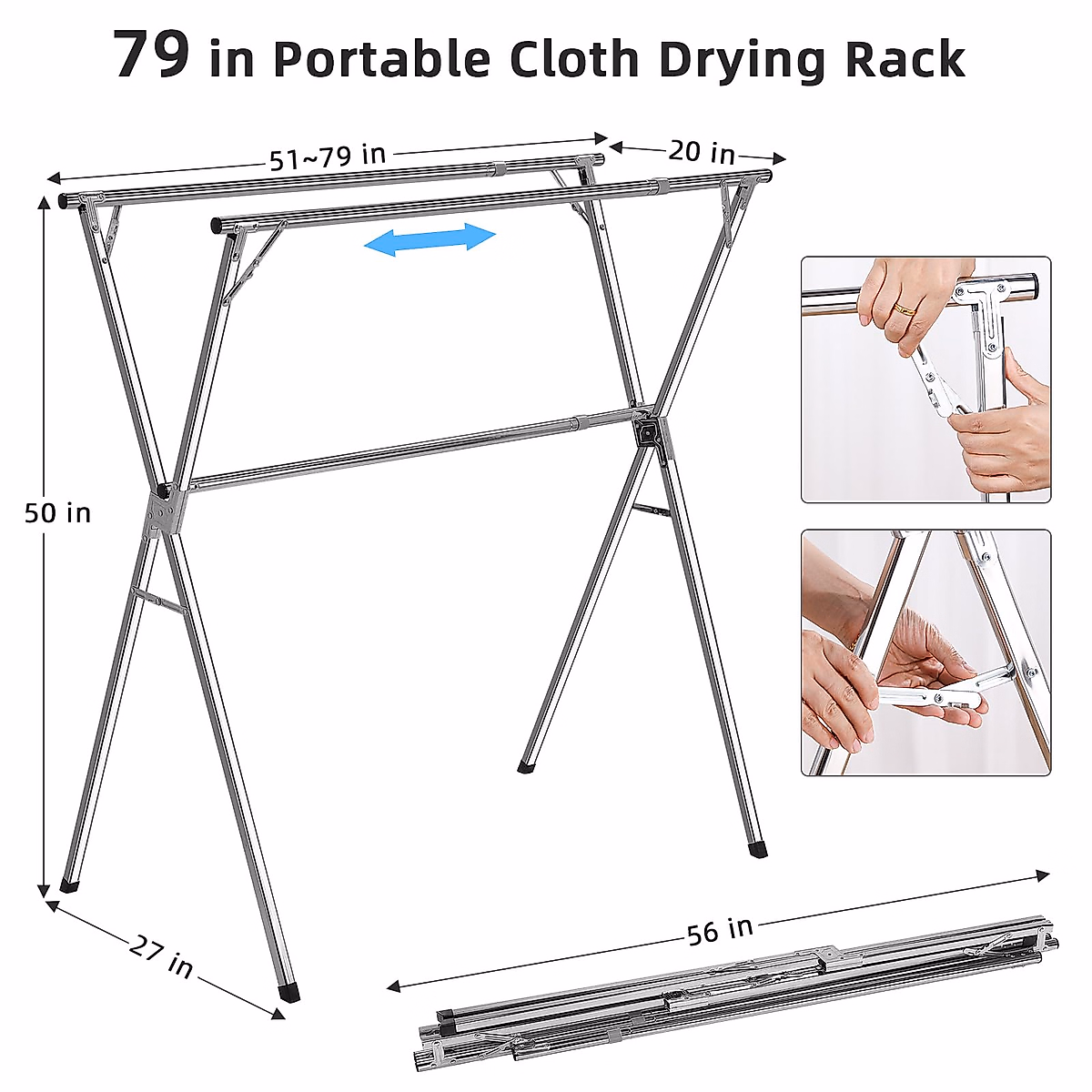 funest Clothes Drying Rack, 79 Inches Adjustable & Foldable Laundry Drying Rack, Heavy Duty Stainless Steel Drying Rack Clothing with 20 Hooks, 12 Clips, Suitable for Indoor, Outdoor and Balcony