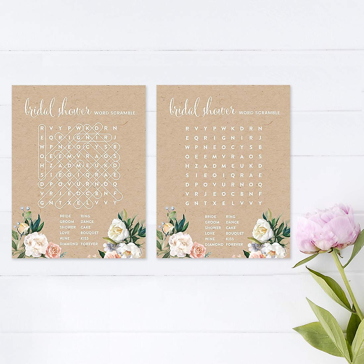 Andaz Press Peach Coral Kraft Brown Rustic Floral Garden Party Wedding Collection, Word Search Bridal Shower Game Cards, 20-Pack