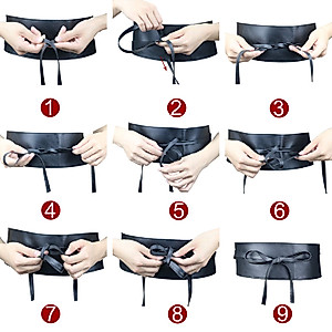 macoking Thick Black Wide Obi Belts for Women Faux Leather Corset with Lace Up Wrap Style S