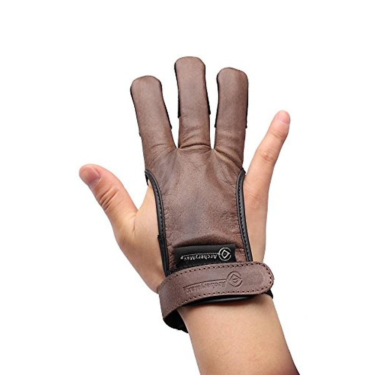 ArcheryMax Handmade Brown Leather Three Finger Archery Gloves, Large