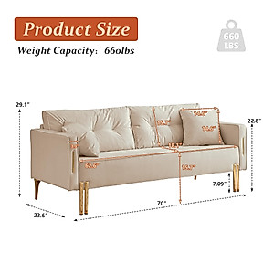 mikibama Modern Velvet Loveseat Sofa, 70" Luxury 3 Seater Couch with 2 Pillows, Comfy Upholstered Sofa Couches for Living Room, Bedroom, Apartment, Small Space(Beige)