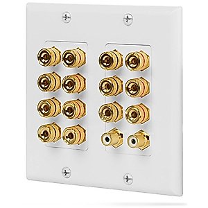 Fosmon 2-Gang 7.1 Surround Sound Distribution Home Theater Wall Plate, Gold Plated 7-Pair Copper Binding Posts Coupler Type for 7 Speakers, 2 RCA Jack for Subwoofer