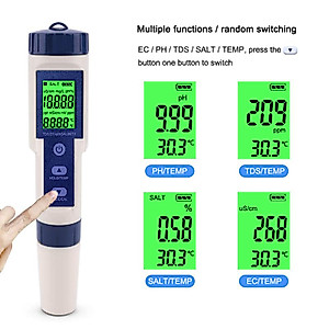 5 in 1 TDS/EC/PH/Salinity/Temperature Meter Digital Water Quality Monitor Tester for Pools, Drinking Water, Aquariums,Hydroponics