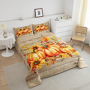 Happy Thanksgiving Fall Harvest Comforter Set Farm Leaves With Pumpkin Quilt Queen, Rustic Barn Door Bedding Set Autumn Maple Farmhouse Duvet Insert For Kids Boys Girls Teens Adult, Brown Gold