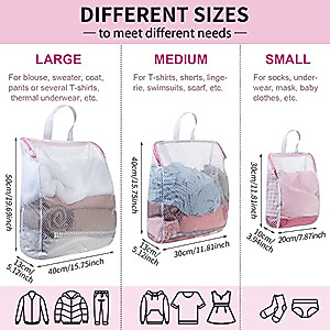 5 Pack Honeycomb Mesh Laundry Bag with Handle Delicate Bag for Washing Machine Large Opening Side Widening Zippered Mesh Bag Lingerie Bag for Sock Bra Baby Items Travel Garment, 3 Sizes (Pink)