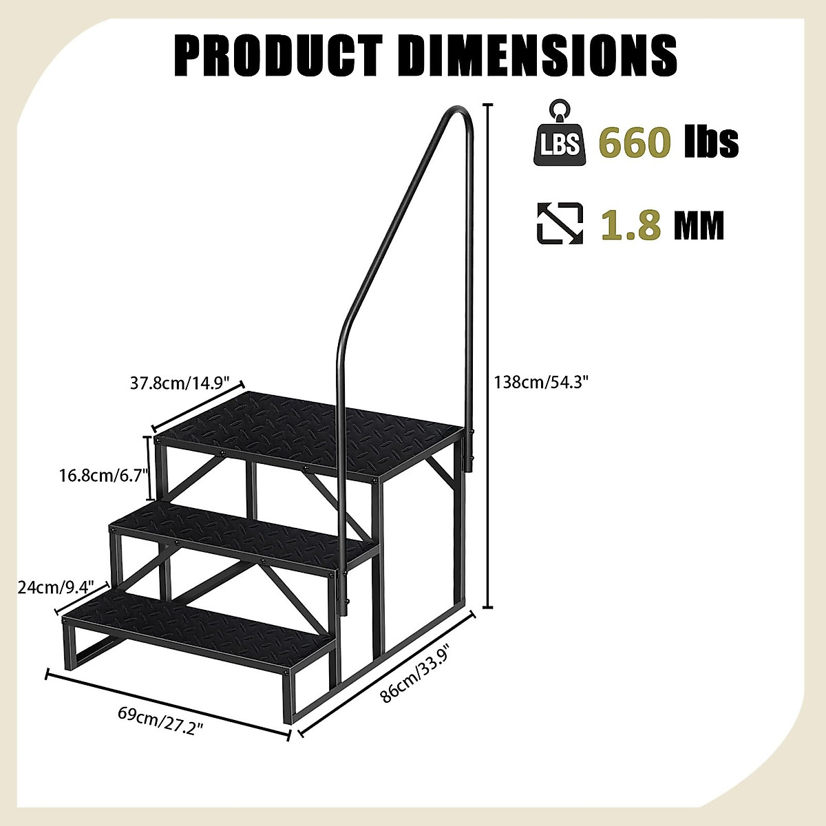 Step Ladder, Step Stool with Handle, Heavy Duty Pool Ladder Above Ground 660Lbs, Camper Steps Outdoor Steps RV Stairs for Reaching High, Portable Home Stairs for Travel Trailer (3 Step, Single Handle)