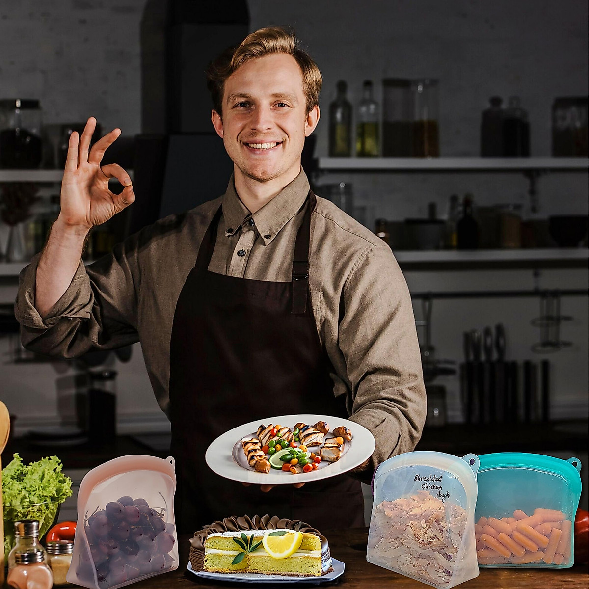 Elkanah Stand Up Food Grade Silicone Reusable Storage Bag Quart 42fl oz Freezer Bags Silicone for Food Storage -Leakproof, Microwave, Oven, Sous Vide & Dishwasher safe