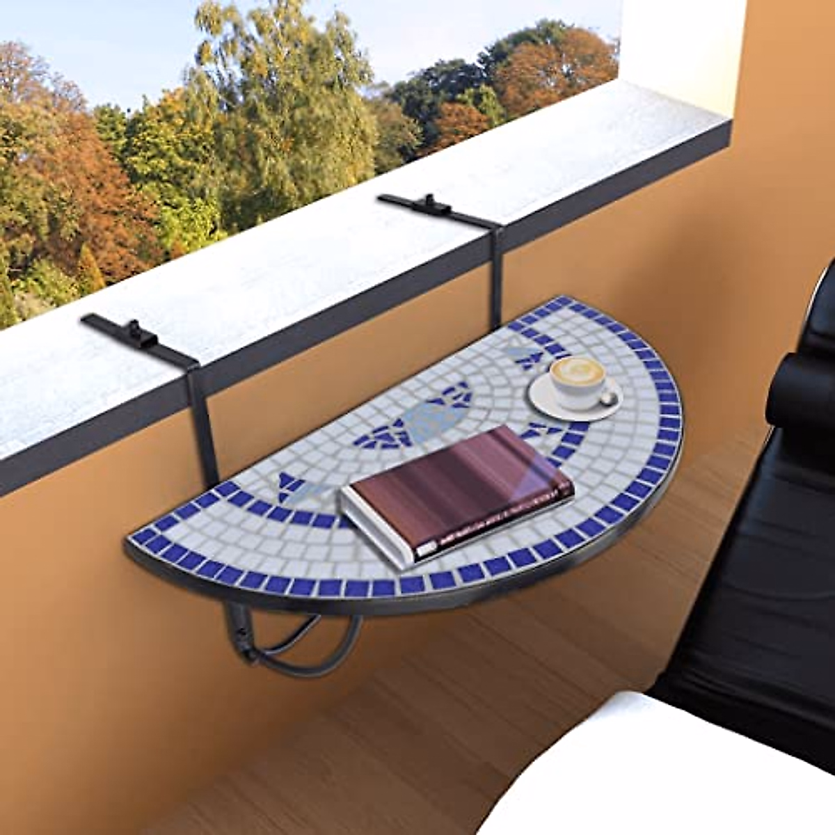 ZQQLVOO Hanging Balcony Table,Patio Table Decoration,Mosaic Table Outdoor,Mosaic Plant Stand,Garden Table,Tea Table,for Gardens,Decks,Porches and Backyards,Blue and White Mosaic