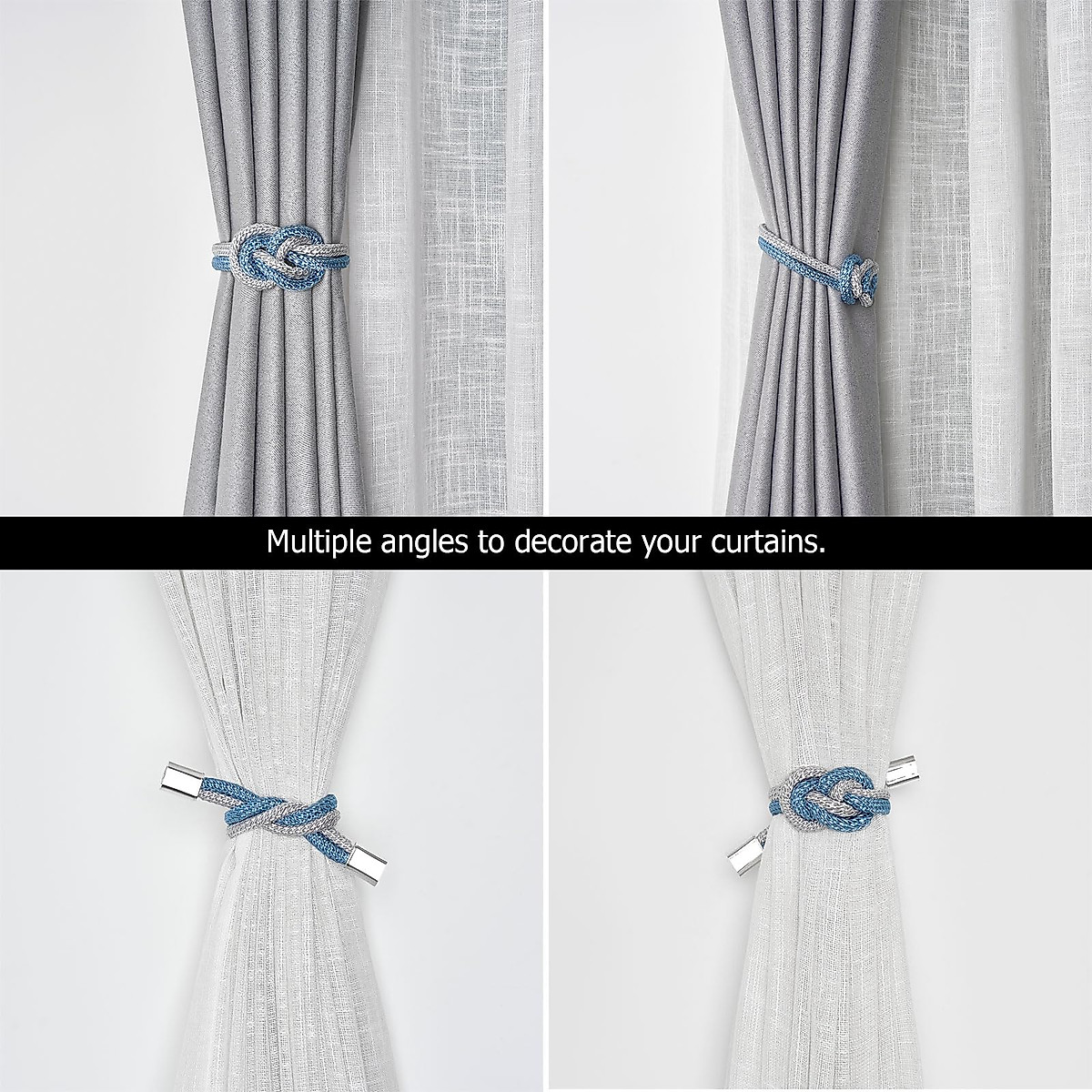 NICEEC 2 Pack Mini Magnetic Curtain Tiebacks Nordic Simple Style Drape Tie Backs Elegant Hand Weave Rope Knot Decorative Curtain Holdbacks for Home & Office Thin Window Drapery (Blue & Grey)