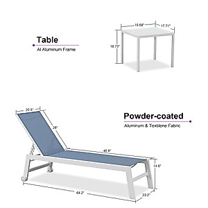 PURPLE LEAF Lounge Chair Outdoor Set of 4 White Aluminum Lounge Chairs with Wheels and Table Outdoor Chaise Lounge for Patio Pool Yard, Indigo