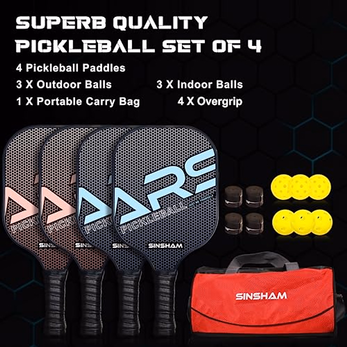 SINSHAM Graphite Pickleball Paddles Set of 4 Graphite Pickleball Paddles with 6 Pickleball Balls,4 Additional Cushion Grip,1 Portable Carry Bag;Growth of Pickleball Paddles for Families and Friends