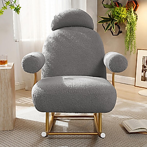 Tmosi Nursery Rocking Chair Sherpa Upholstered Glider Rocker, with Adjustable Headrest and Round Armrests, Leisure Glider Chair for Living Room, Bedroom (Grey)