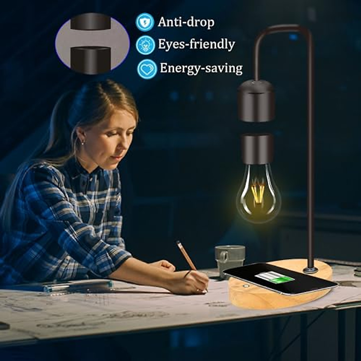 FloatGo Levitating Bulb Lamp with Wireless Phone Charger Apple Android Magnetic Floating Futuristic Lamp Black LED Night Light Desk Lamp for Christmas Gift Home Move in Decoration