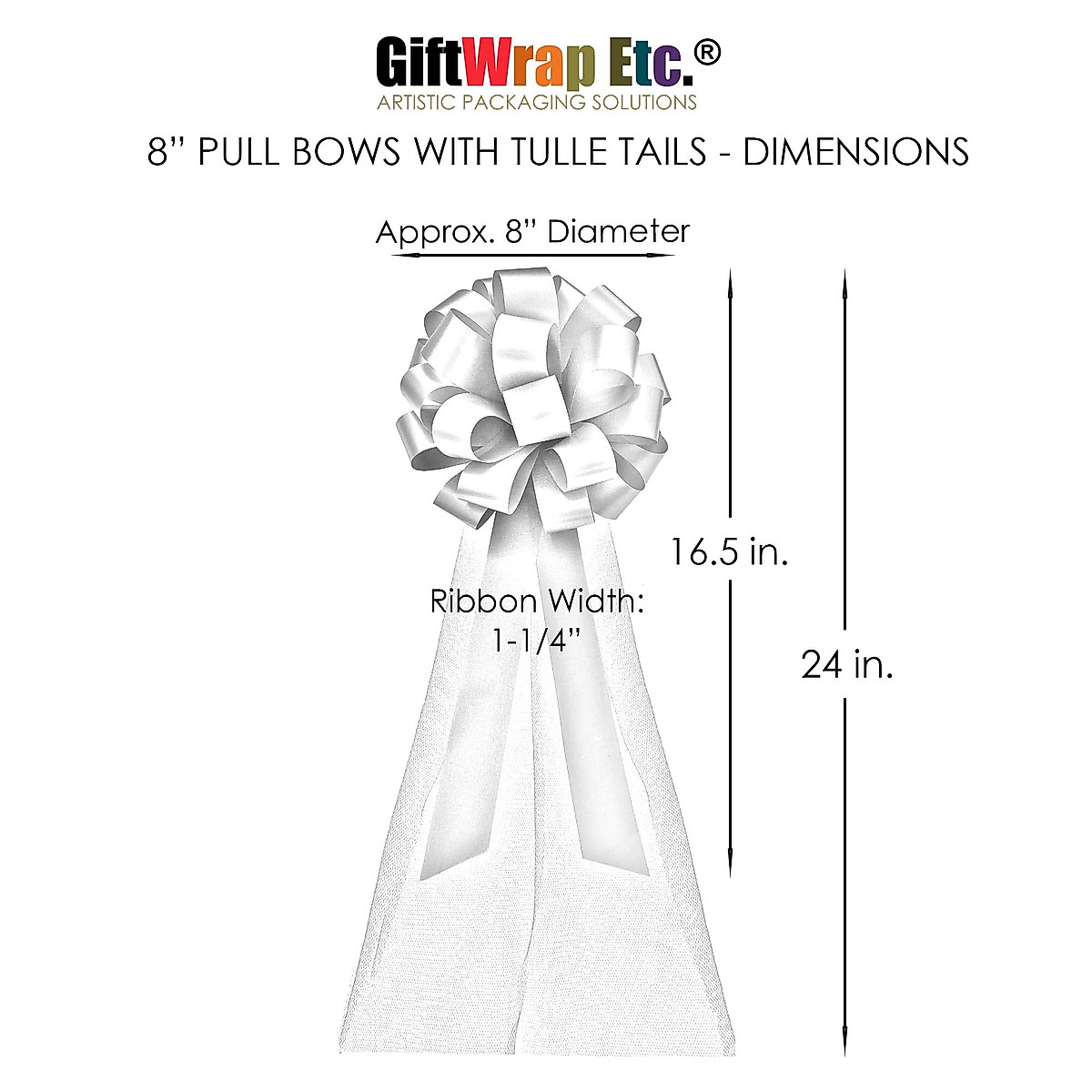 White Wedding Pull Bows with Tulle Tails - 8" Wide, Set of 6, Wedding Pew Bows, Mother's Day, Reception, Christmas, Birthday, Anniversary, Event Decoration, Valentine's Day