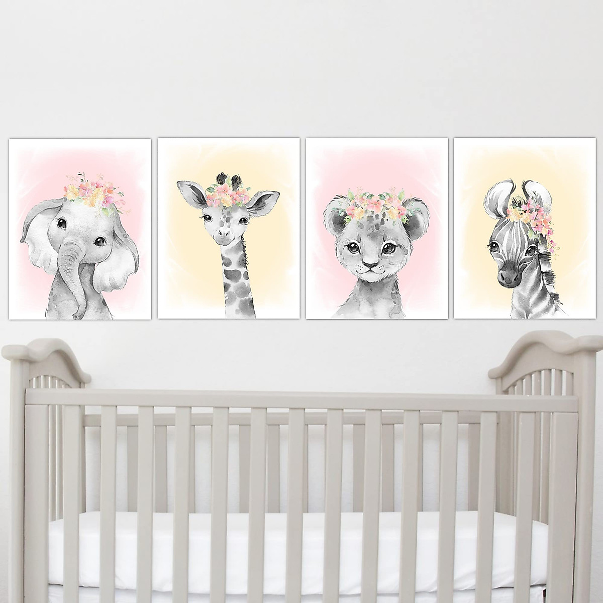 Baby Girl Nursery Wall Art Pink Floral Safari Animals Elephant Giraffe Lion Zebra Room Decor 4 UNFRAMED PRINTS