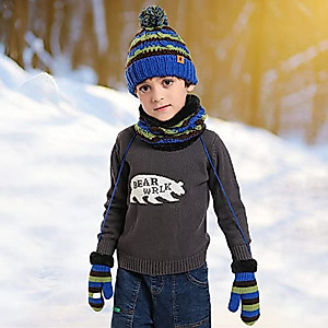 Kids Winter Pompom Beanie Hat Scarf Gloves Set for Boys&Girls Age 3-8, Fleece Lined Skull Cap Neck Warmer Mitten Set Blue