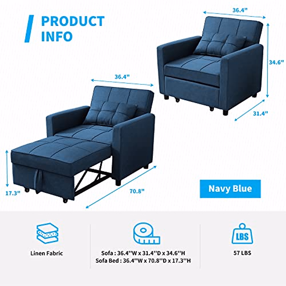 Mjkone 71 Inch Convertible Chairs Sofa Bed, 3-in-1 Pull Out Folding Sleeper Chair, Multi-Functional Adjustable Foldable Sofa Bed, Futon Chairs for Bedroom/Living Room/Office (Navy Blue)