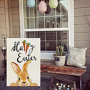 CROWNED BEAUTY Happy Easter Bunny Garden Flag 12x18 Inch Double Sided for Outside Burlap Small Yard Holiday Decoration CF697-12