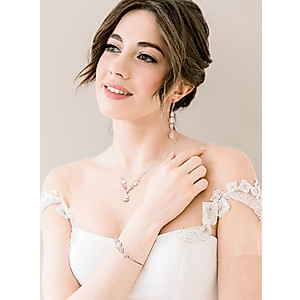 SWEETV 3 Pack Cubic Zirconia Bridal Jewelry Sets for Wedding, Crystal Necklace Dangle Earring Bracelet Jewelry Sets for Women, Rose Gold Prom Costume Jewelry Gifts