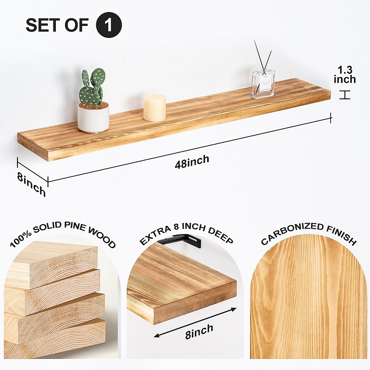 Axeman Rustic Floating Shelves, 48 Inch Wood Floating Shelf Mantle Shelf, 8 Inch Deep Wooden Wall Shelves for Living Room Bedroom Laundry Room Garage Farmhouse - Carbonized Black