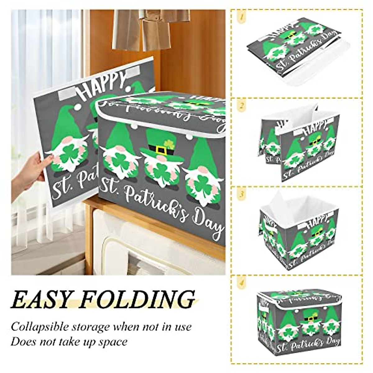 Kigai St. Patrick's Day Gnome Storage Basket with Lid and Handles, Large Collapsible Fabric Storage Bins for Shelves, Closet, Bedroom, Office, Home Decor