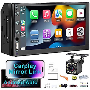 7" Double Din Car Stereo for Apple Carplay and Android Auto, HD Touchscreen,12 LED Backup Camera,Mirror Link,USB/AUX,FM Car Radio,Noise Cancelling Bluetooth