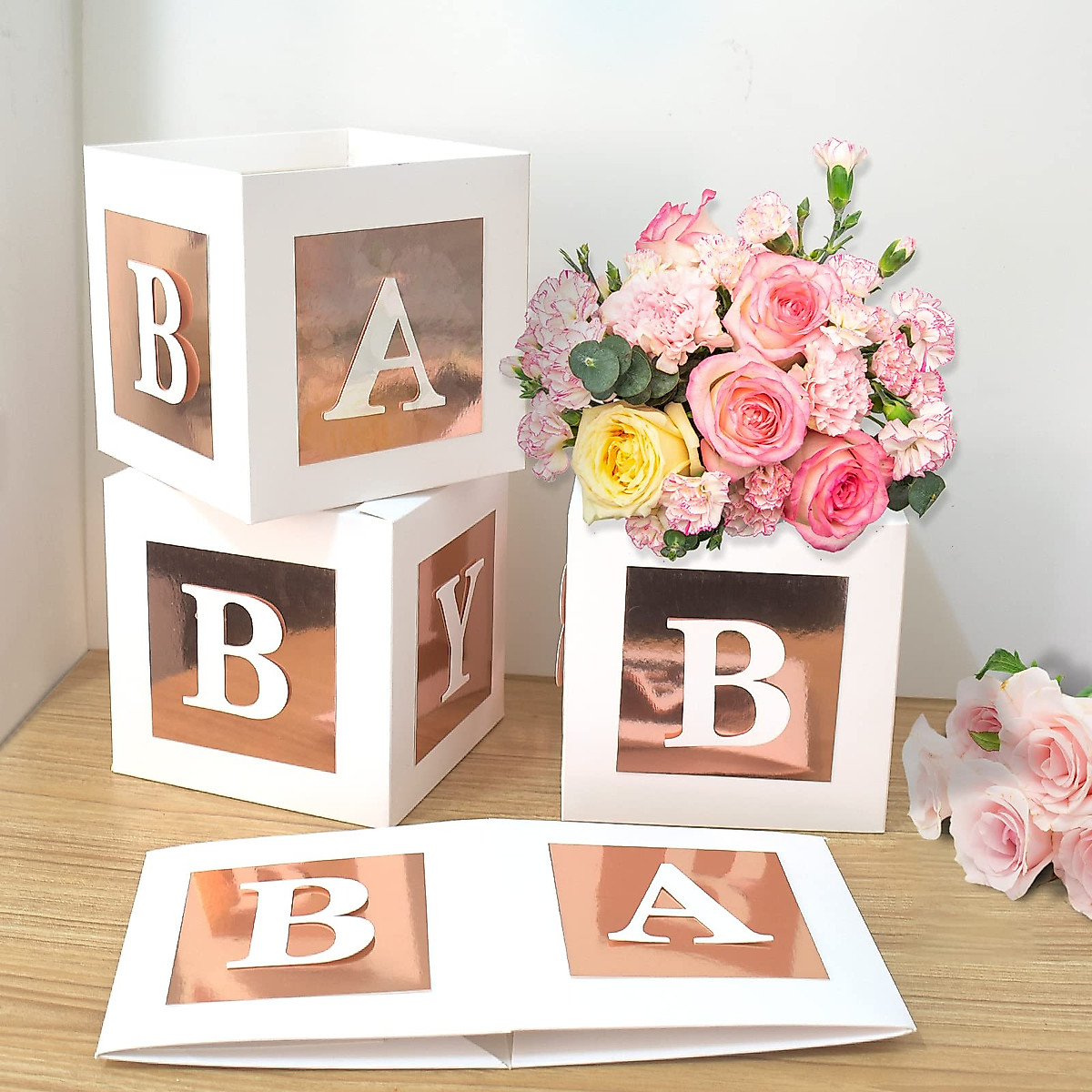4 Pcs Baby Shower Flower Boxes Centerpieces Decoration Rose Gold Baby Block Floral Holder Centerpiece Baby In Bloom Gender Reveal Birthday Party Decors Table Display Its A Girl Its A Boy