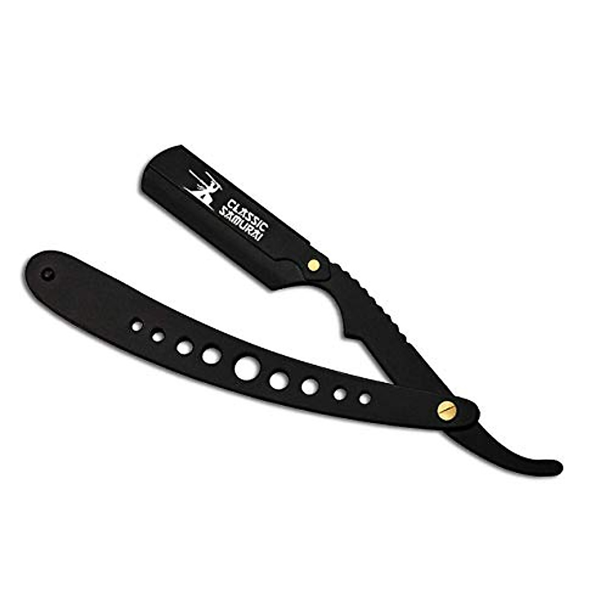 Classic Samurai New Ergonomic Design Stainless Steel Professional Folding Straight Edge Barber Razor Shavette Manual Shaver with 100 Shark Single Blades (Matte Black + 100 Shark Blades)
