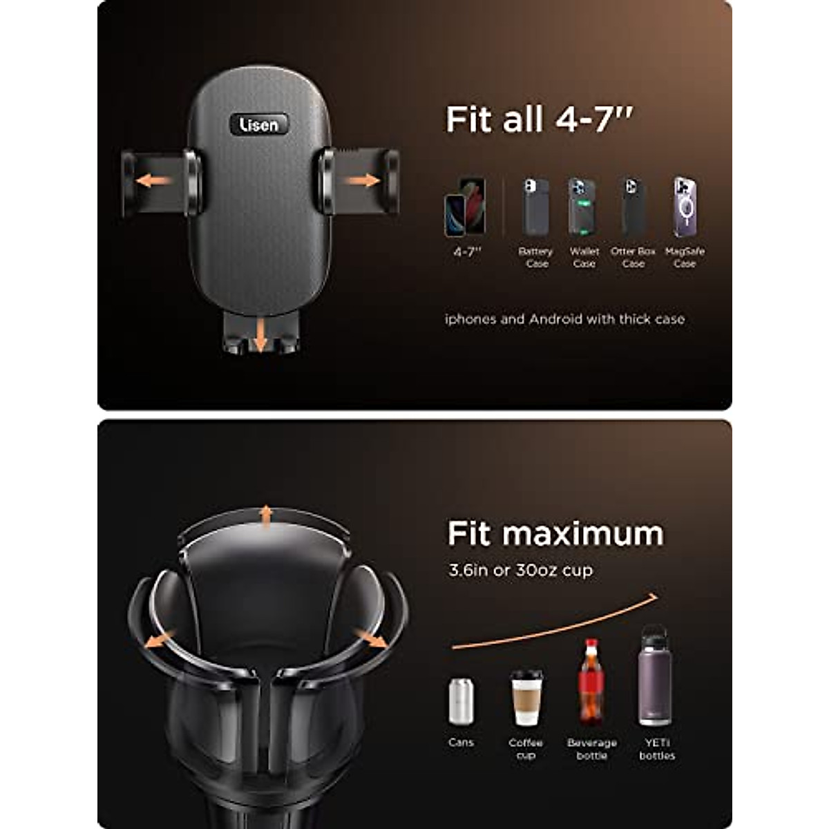 LISEN Cup Holder Expander Phone Mount for Car Tough 2-in-1 Cup Phone Holder for Car Mount, Adjustable Base & Clamp Cell Phone Holder for Car Fit Car, Truck, SUV, Tesla, Fit All iPhone & Android